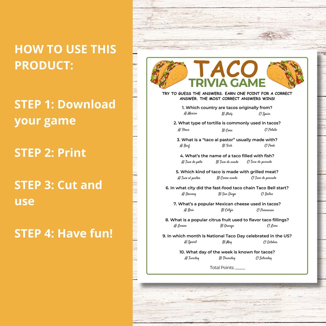 Taco Trivia Game, Printable Taco Tuesday Quiz, Fun Taco Party Game for ...