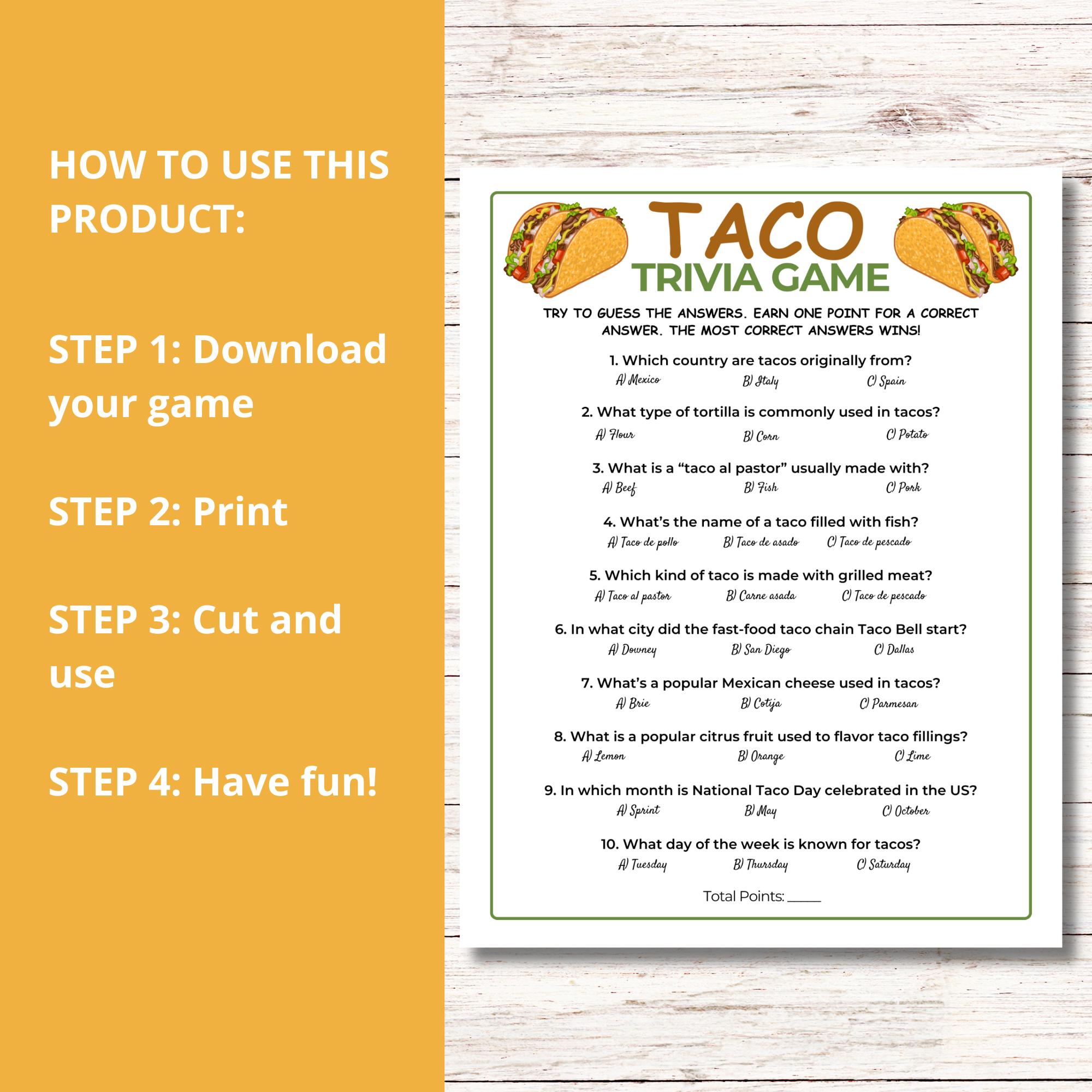 Taco Trivia Game, Printable Taco Tuesday Quiz, Fun Taco Party Game for ...