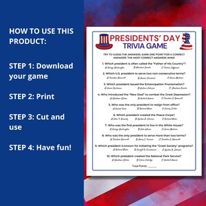 Presidents' Day Trivia Game, Printable Presidents Day Games, US ...