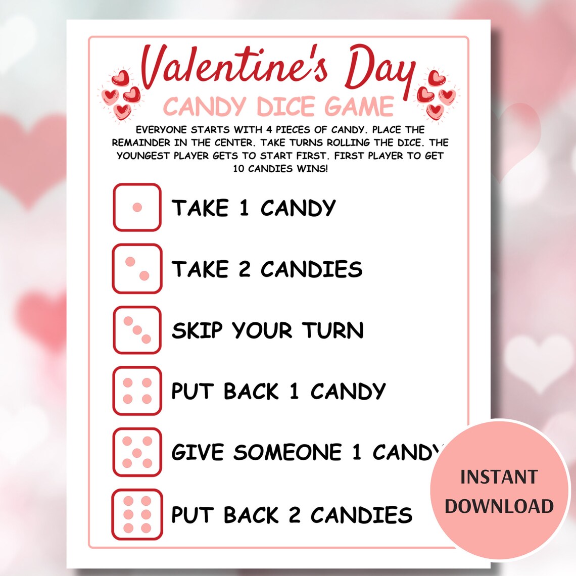 Valentine's Day Candy Dice Game, Printable Valentines Dice Game, Fun ...