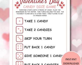 Valentine's Day Candy Dice Game, Printable Valentines Dice Game, Fun ...