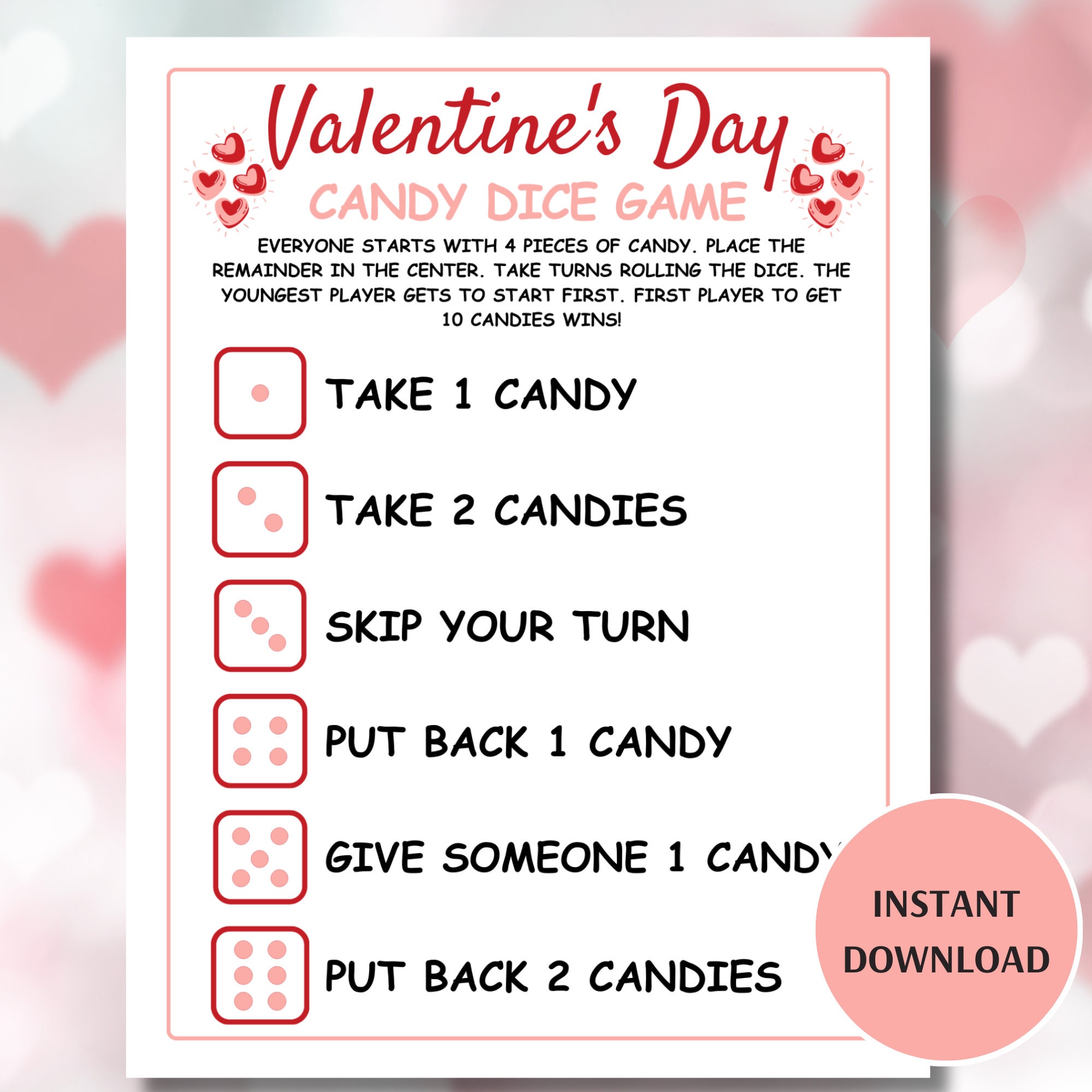 Valentine's Day Candy Dice Game, Printable Valentines Dice Game, Fun ...