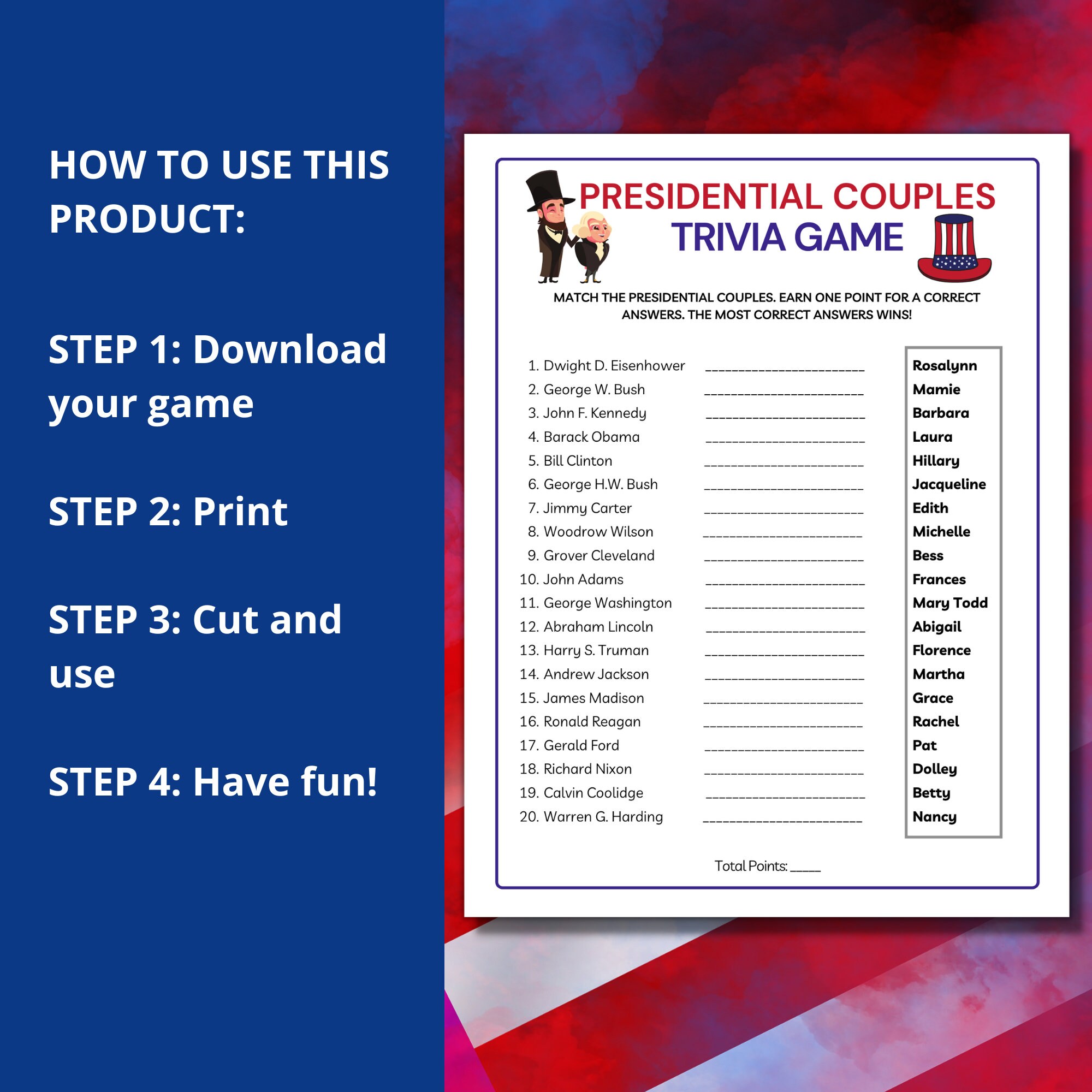 Presidential Couples Trivia Game, Printable Presidents Day Games, US ...