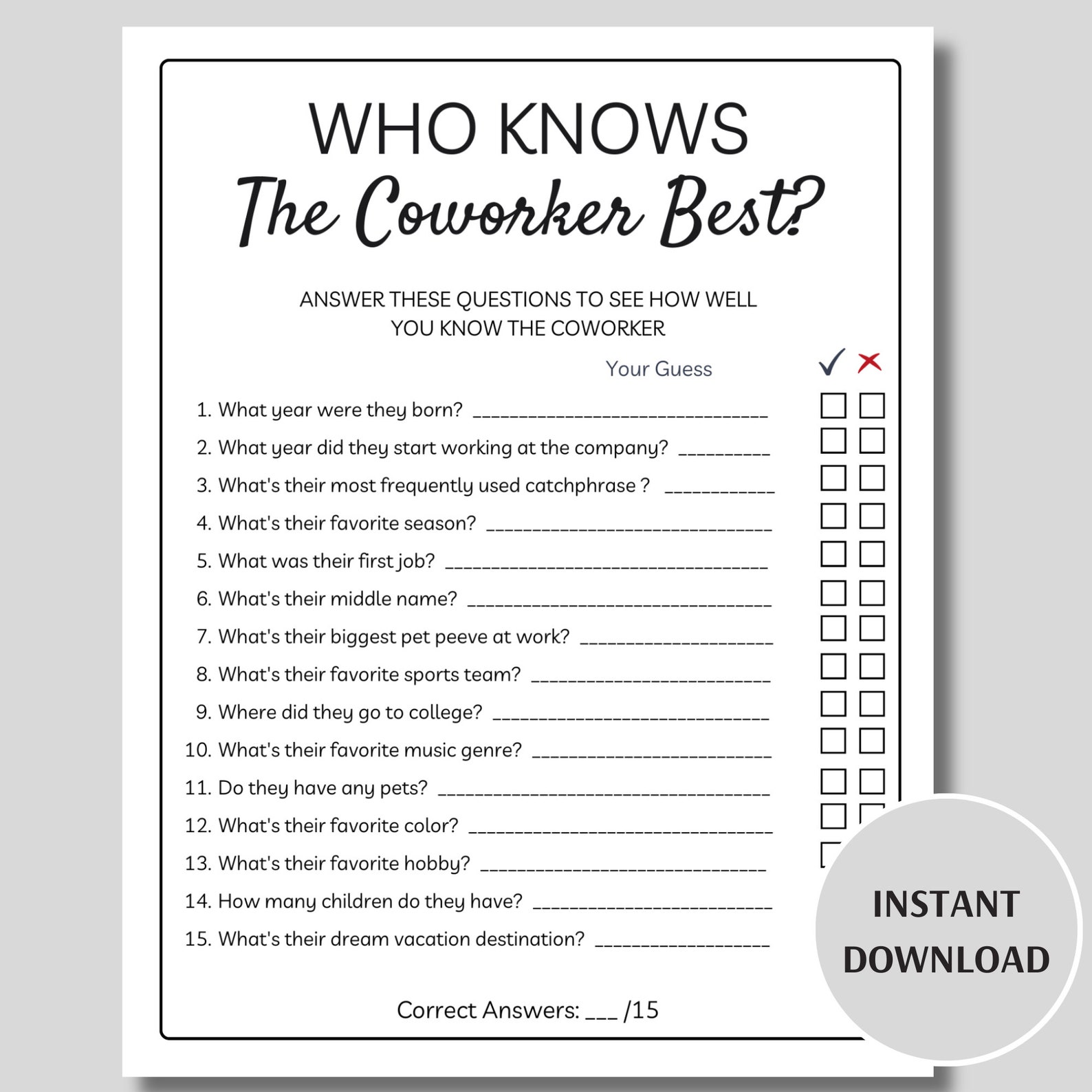 Who Knows the Coworker Best Game, Printable Office Party Games ...