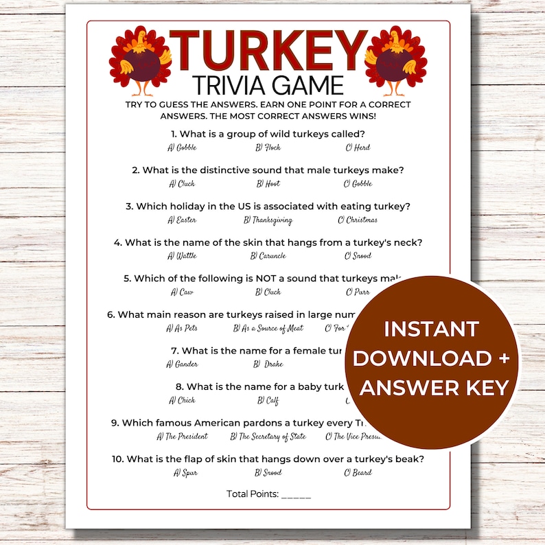 Turkey Trivia Game, Printable Turkey Trivia, Fun Thanksgiving Trivia ...