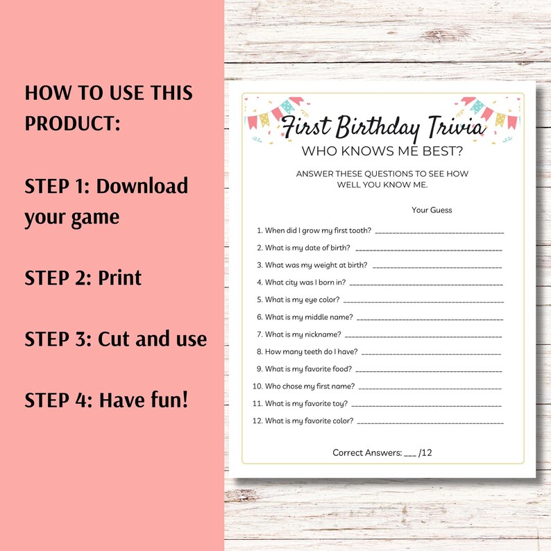 First Birthday Trivia Game, Printable First Birthday Party Game, Fun ...