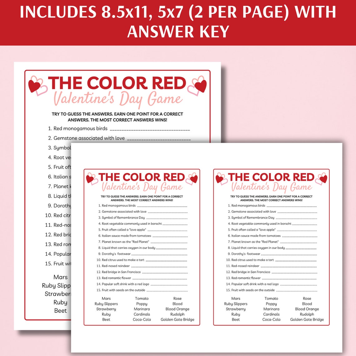 The Color Red Game, Valentine's Day Trivia Game, Printable Valentine's ...