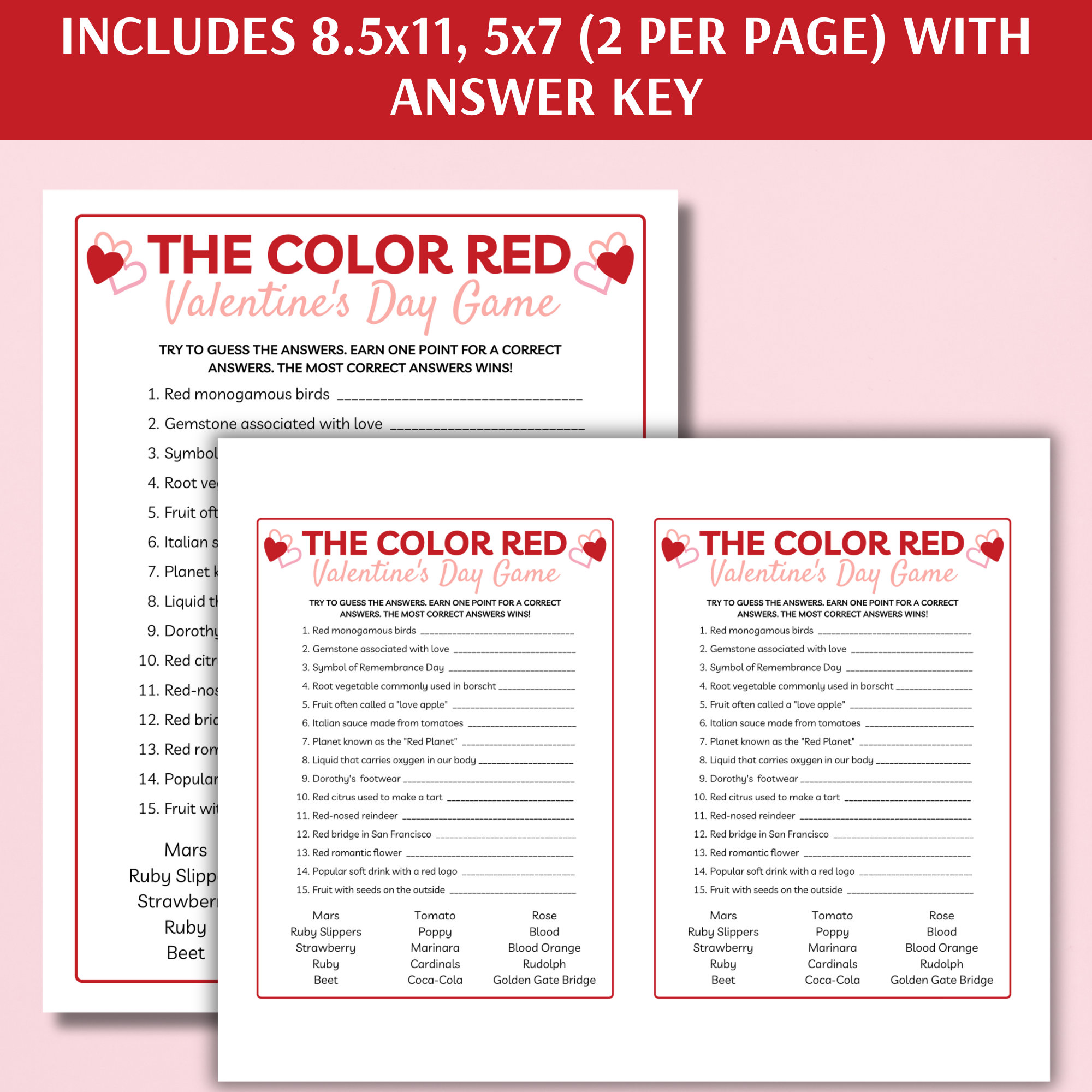 The Color Red Game, Valentine's Day Trivia Game, Printable Valentine's ...