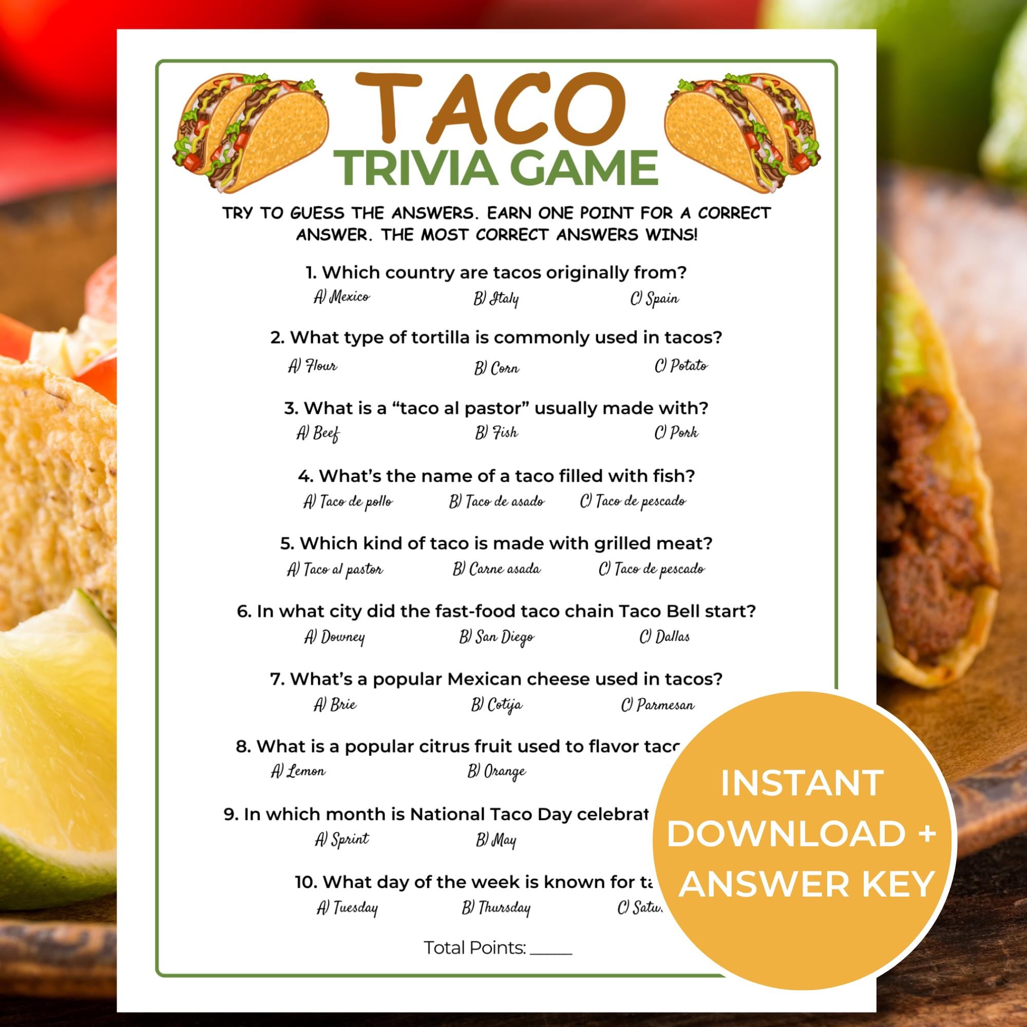 Taco Trivia Game, Printable Taco Tuesday Quiz, Fun Taco Party Game for ...