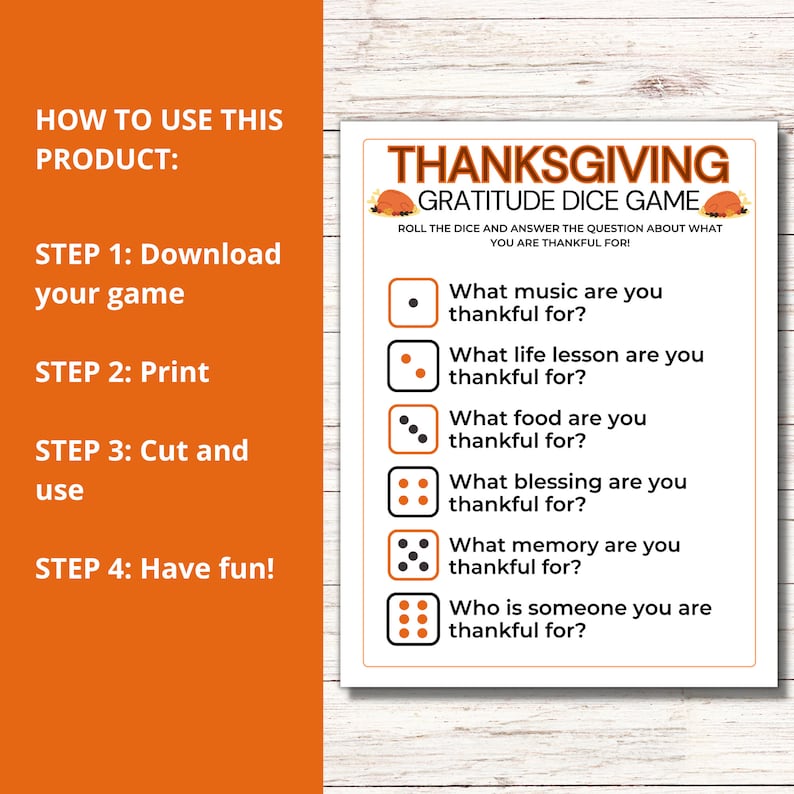 Thanksgiving Gratitude Dice Game, I'm Thankful for Dice Game, Fun ...