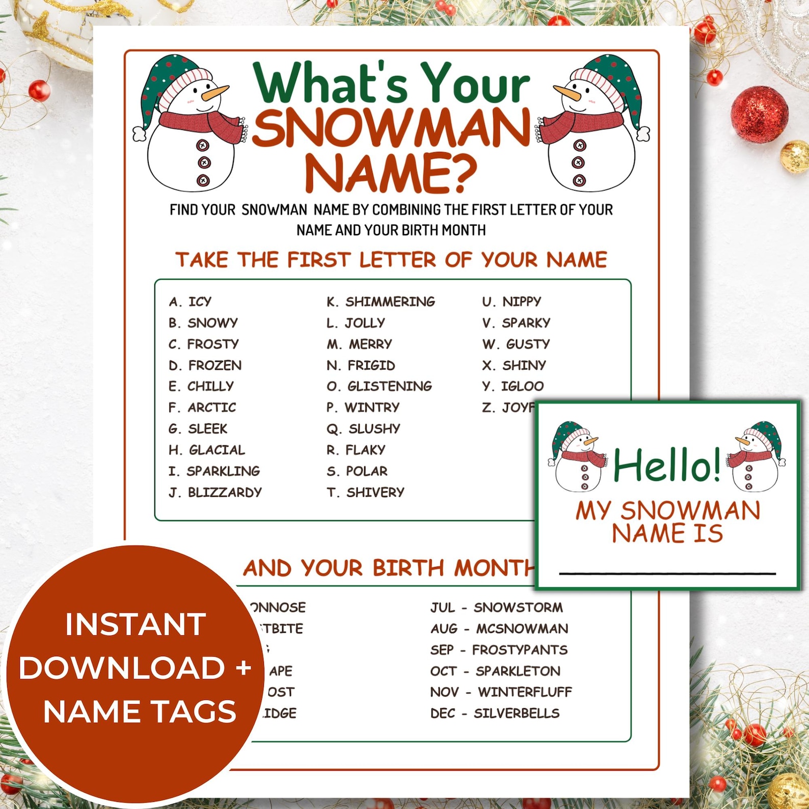 What's Your Snowman Name Game, Printable Snowman Name Generator Game ...