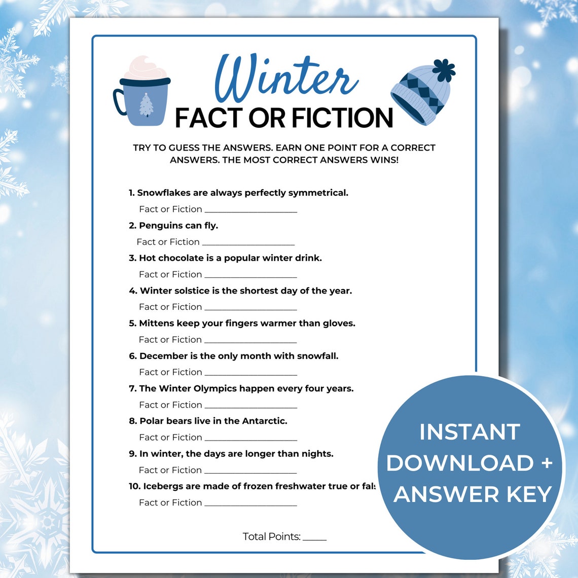 Winter Fact or Fiction Game, Printable Winter Games, True or False ...