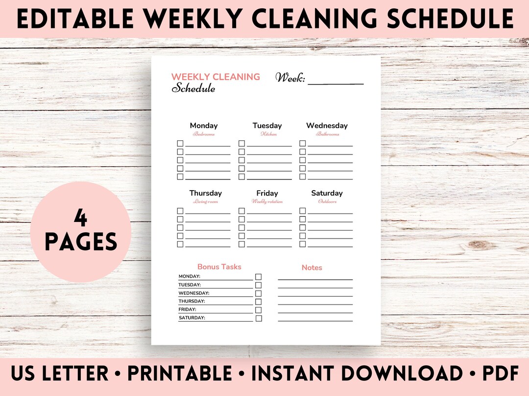 Editable Weekly Cleaning Schedule, Cleaning Checklist Printable PDF ...