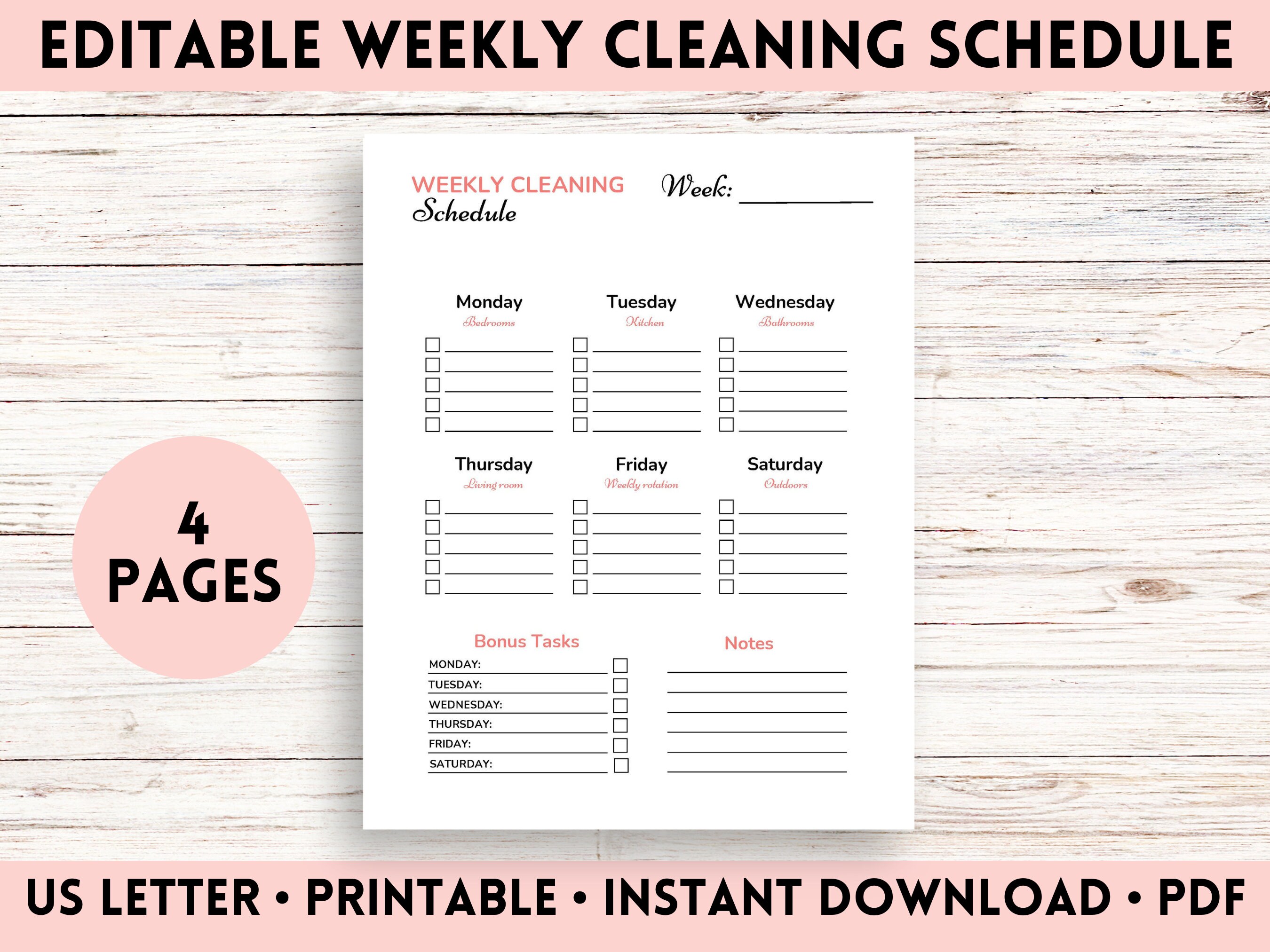 Editable Weekly Cleaning Schedule, Cleaning Checklist Printable PDF ...