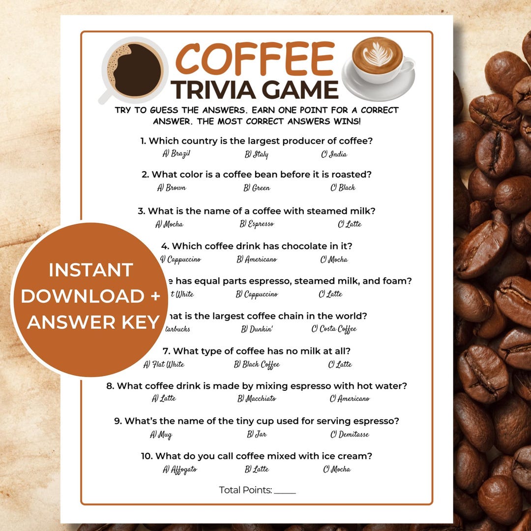Coffee Trivia Game, Printable Coffee Game, Brunch Party Game for Adults ...