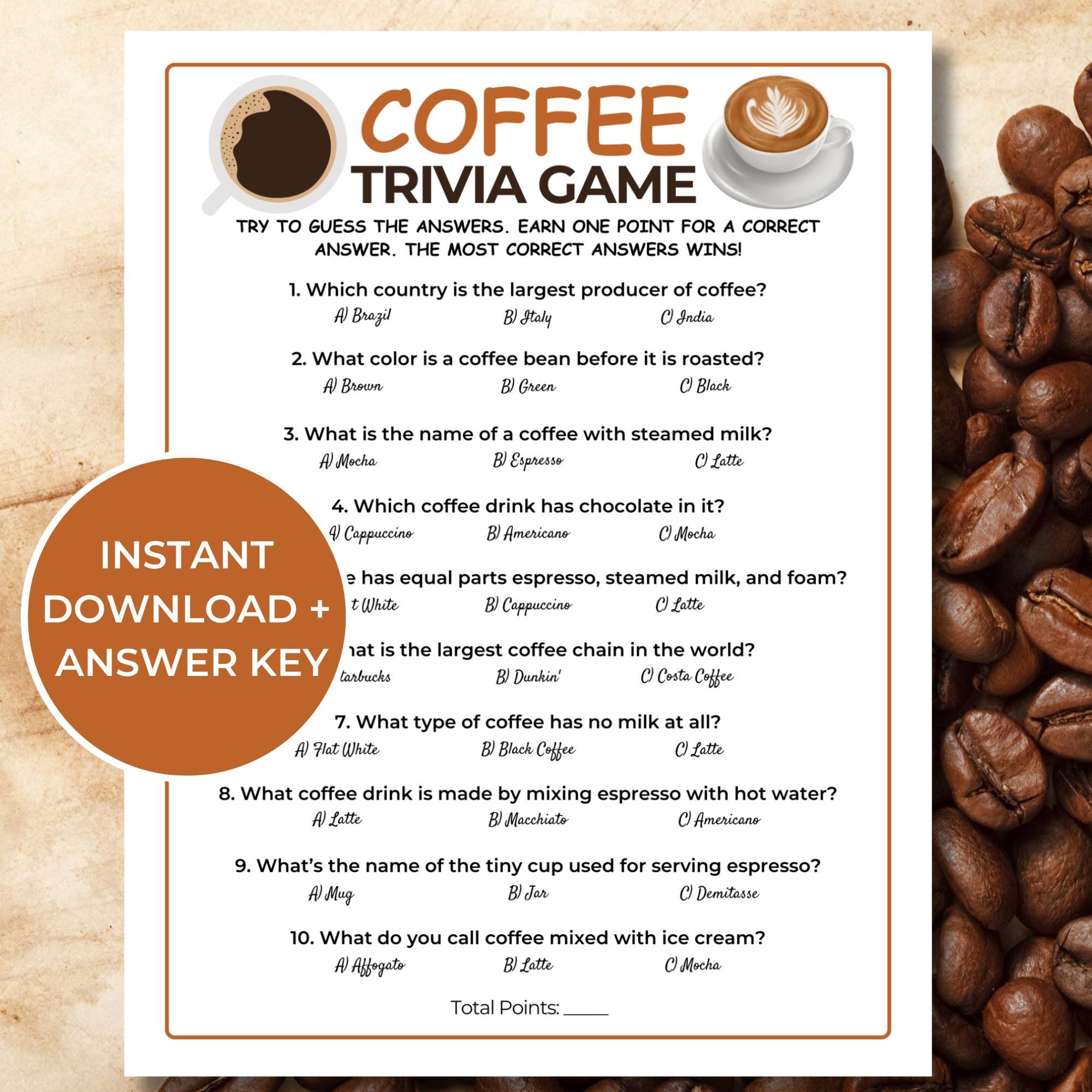 Coffee Trivia Game, Printable Coffee Game, Brunch Party Game for Adults ...