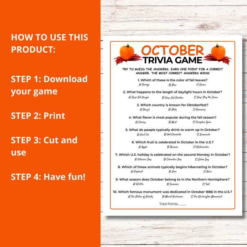 October Trivia Game, Printable October Quiz, Fall Party Games, Fall ...