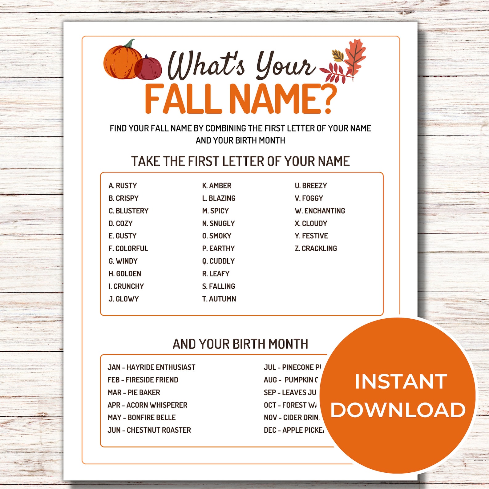 What's Your Fall Name Game, Printable Fall Party Games, Fall Name ...