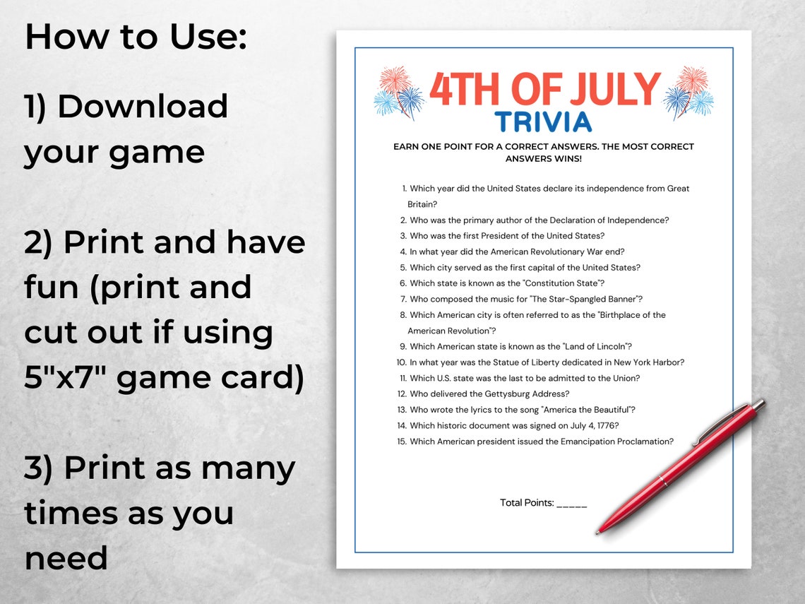 4th of July Trivia Game Independence Day Game July 4th - Etsy