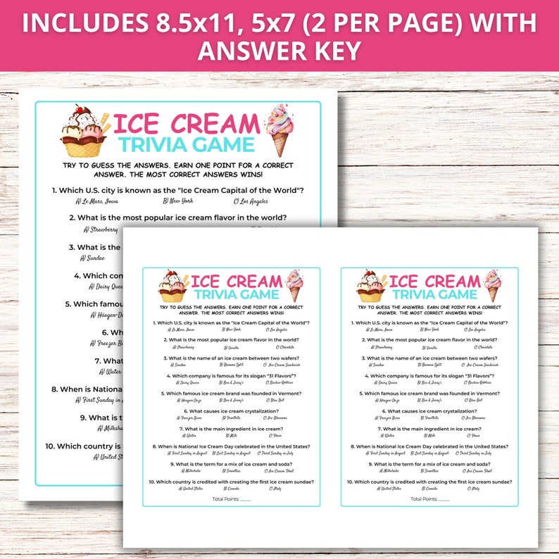 Ice Cream Trivia Game, Printable Ice Cream Party Game, Summer Activity ...