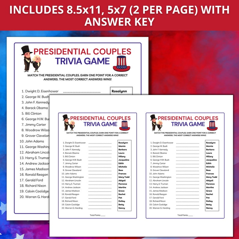 Presidential Couples Trivia Game, Printable Presidents Day Games, US ...