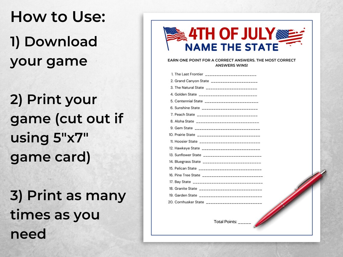 4th of July Name the State Game, Independence Day Game, 4th of July ...