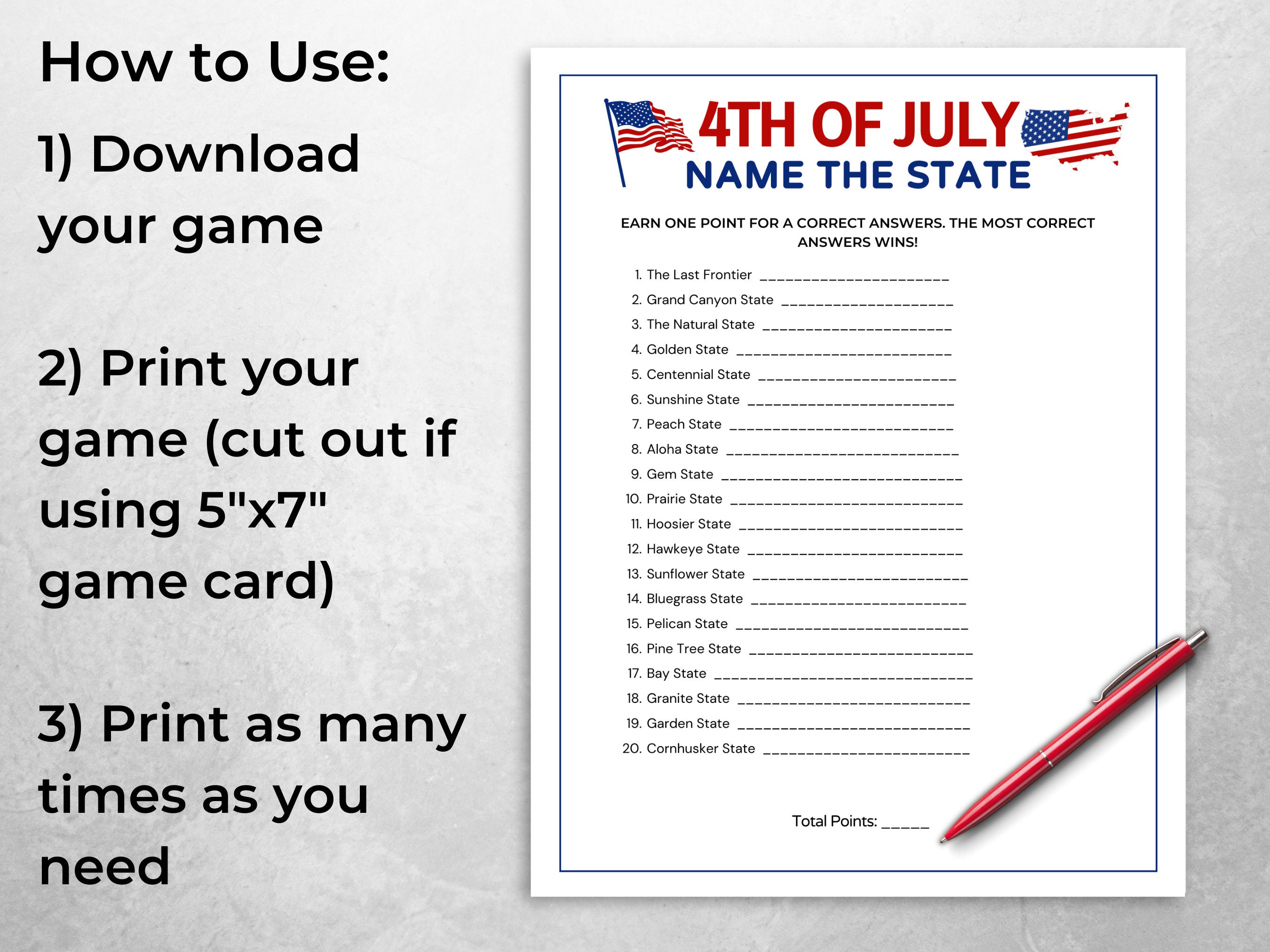 4th of July Name the State Game, Independence Day Game, 4th of July ...