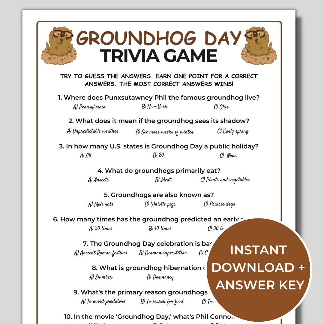 Groundhog Day Trivia Game, Printable Groundhog Day Activity, Fun ...