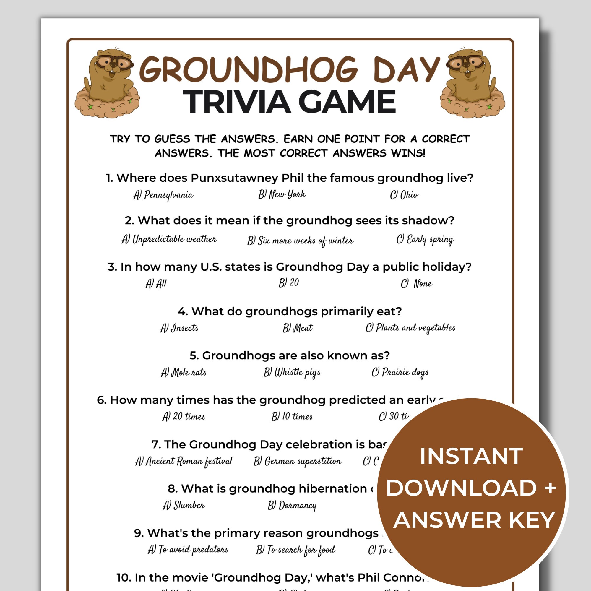 Groundhog Day Trivia Game, Printable Groundhog Day Activity, Fun ...