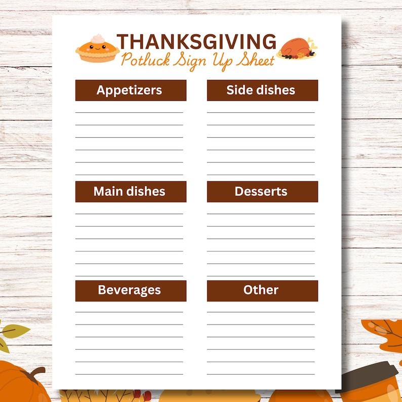 Thanksgiving Potluck Sign up Sheet Printable PDF, Thanksgiving Dinner ...