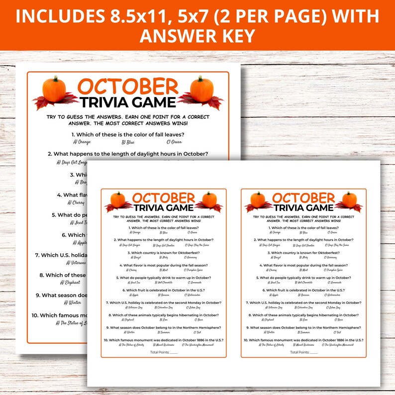 October Trivia Game, Printable October Quiz, Fall Party Games, Fall ...
