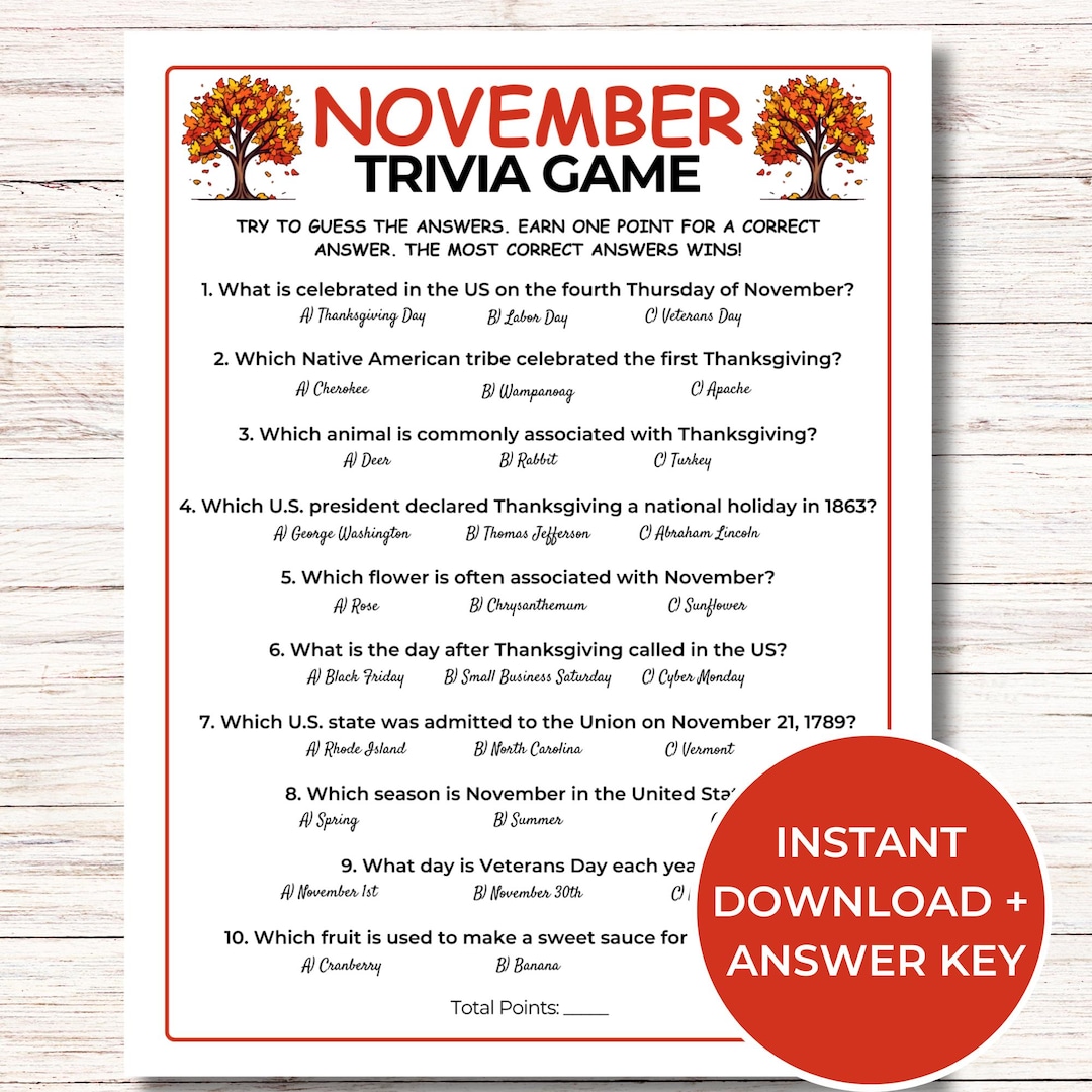 November Trivia Game, Printable November Quiz, Fall Party Games, Fall ...