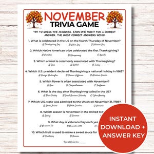 November Trivia Game, Printable November Quiz, Fall Party Games, Fall ...