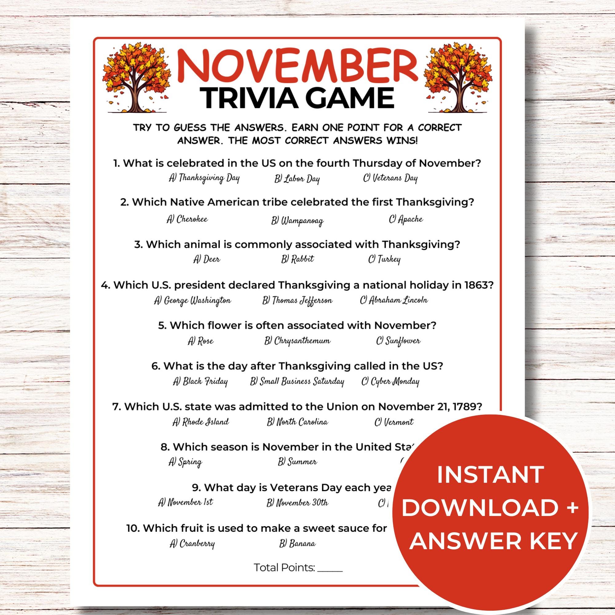 November Trivia Game, Printable November Quiz, Fall Party Games, Fall ...