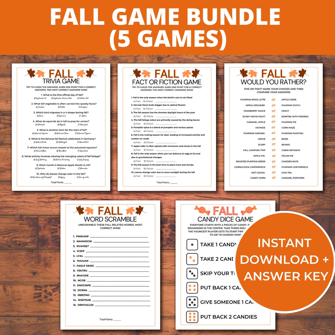 Fall Game Bundle, Printable Fall Games, Fun Fall Activities for Adults ...