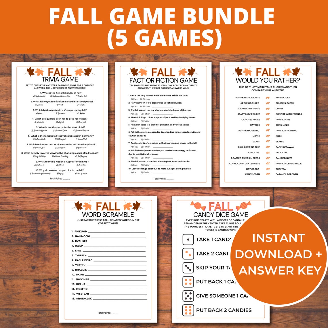 Fall Game Bundle, Printable Fall Games, Fun Fall Activities for Adults ...