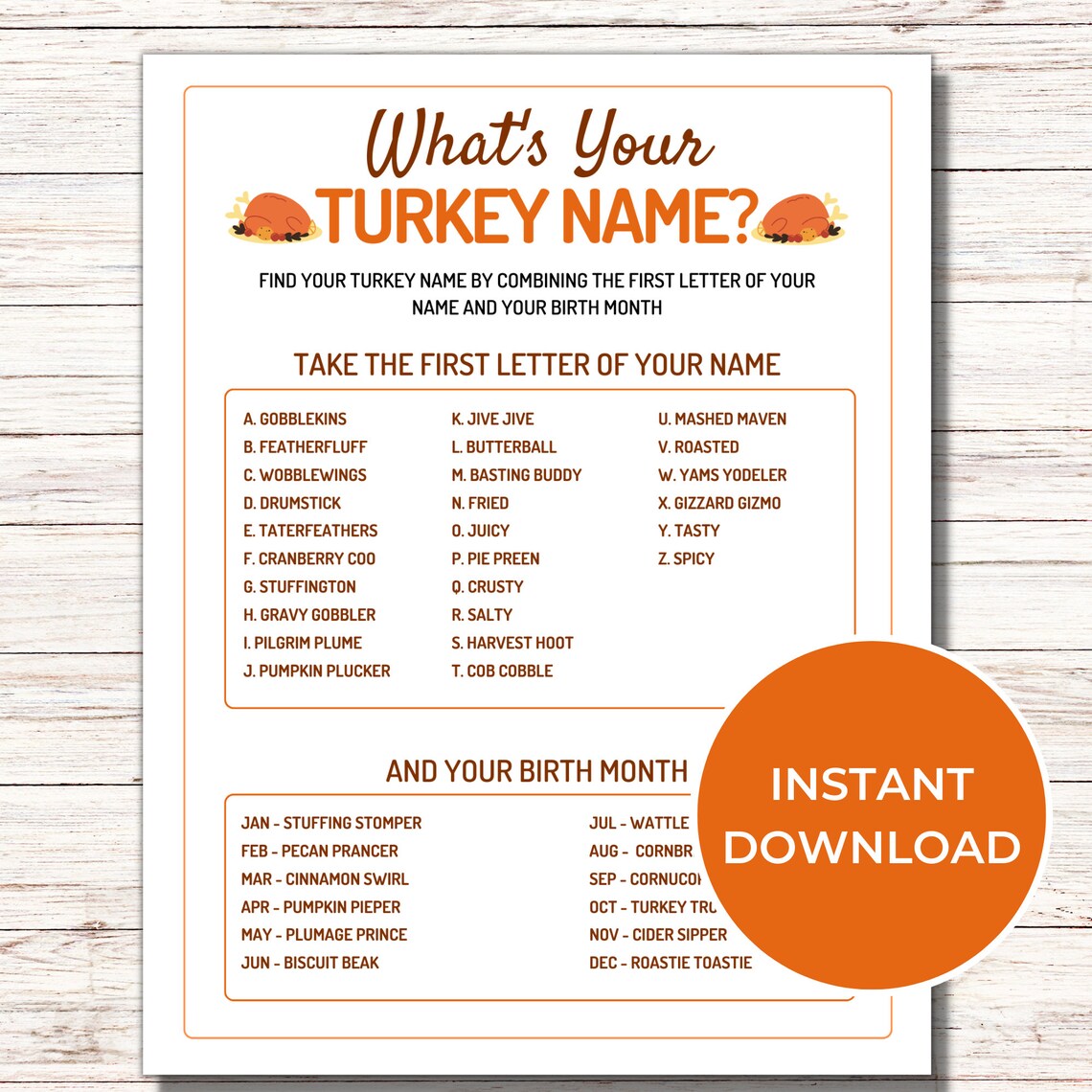 Thanksgiving What's Your Turkey Name Game, Printable Thanksgiving Party ...
