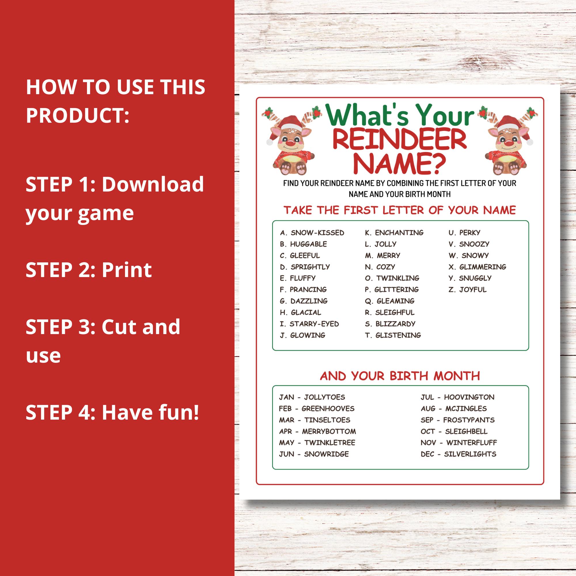 What's Your Reindeer Name Game, Printable Reindeer Name Generator Game ...