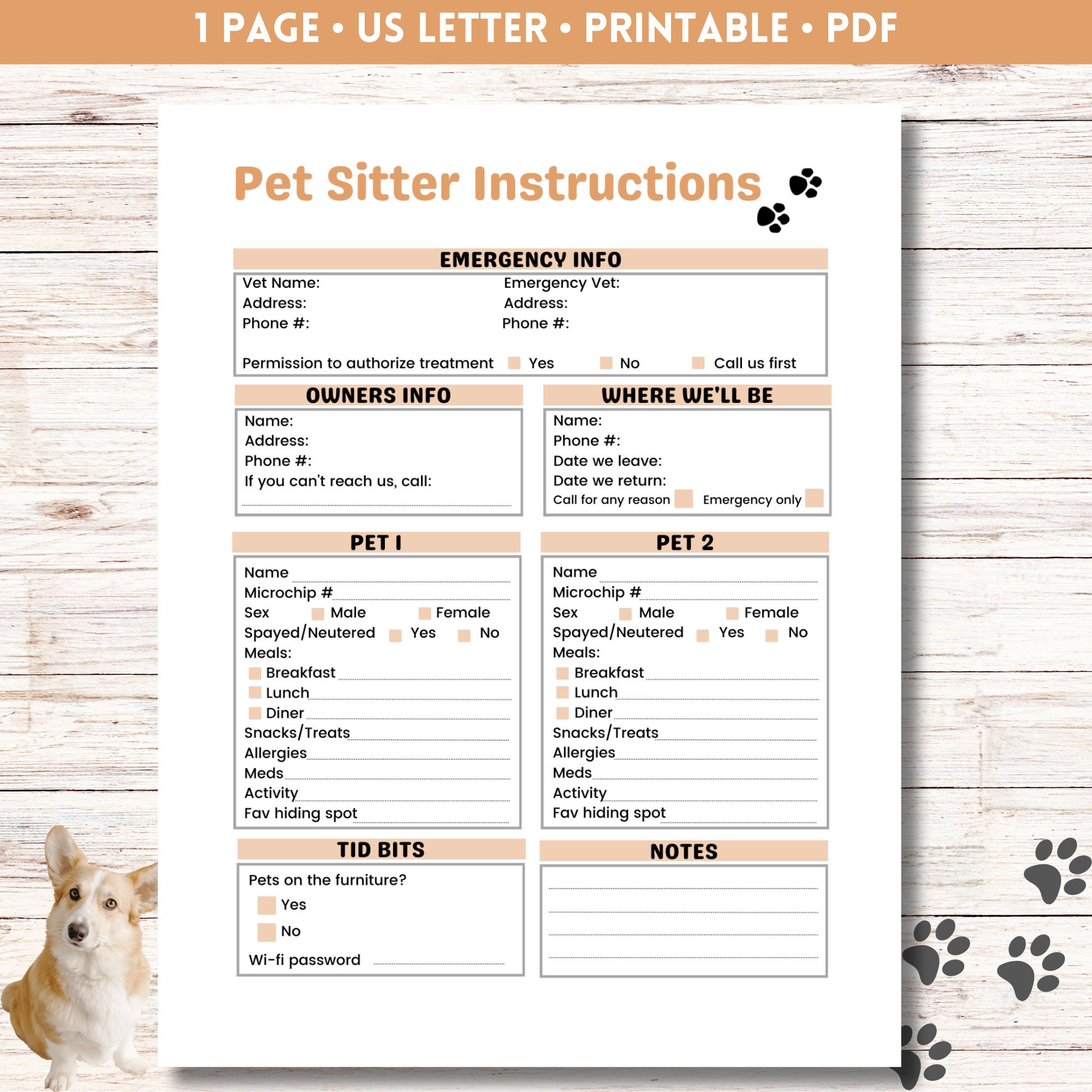 Pet Sitter Instructions, Printable Pet Sitter Guide, Pet Care Form ...