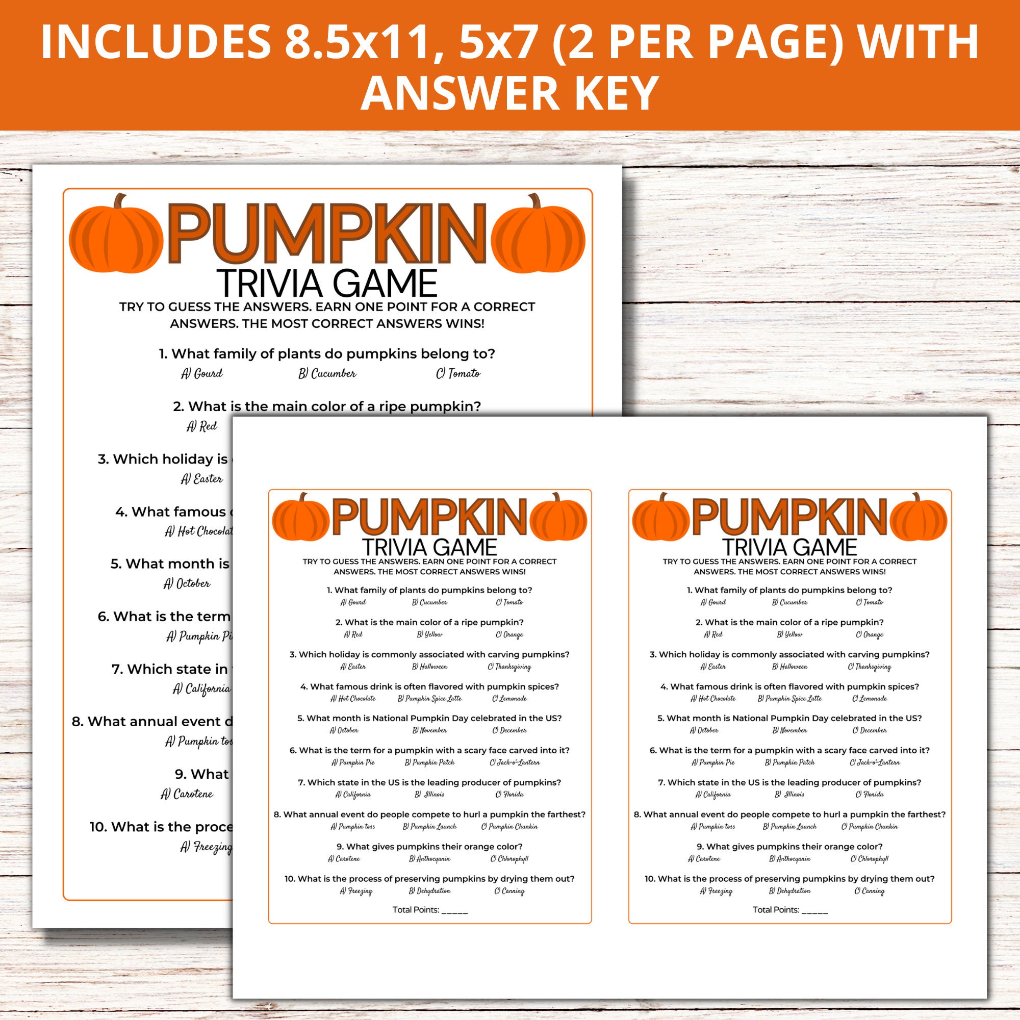 Pumpkin Trivia Game, Printable Pumpkin Trivia, Fun Fall Trivia Game for ...