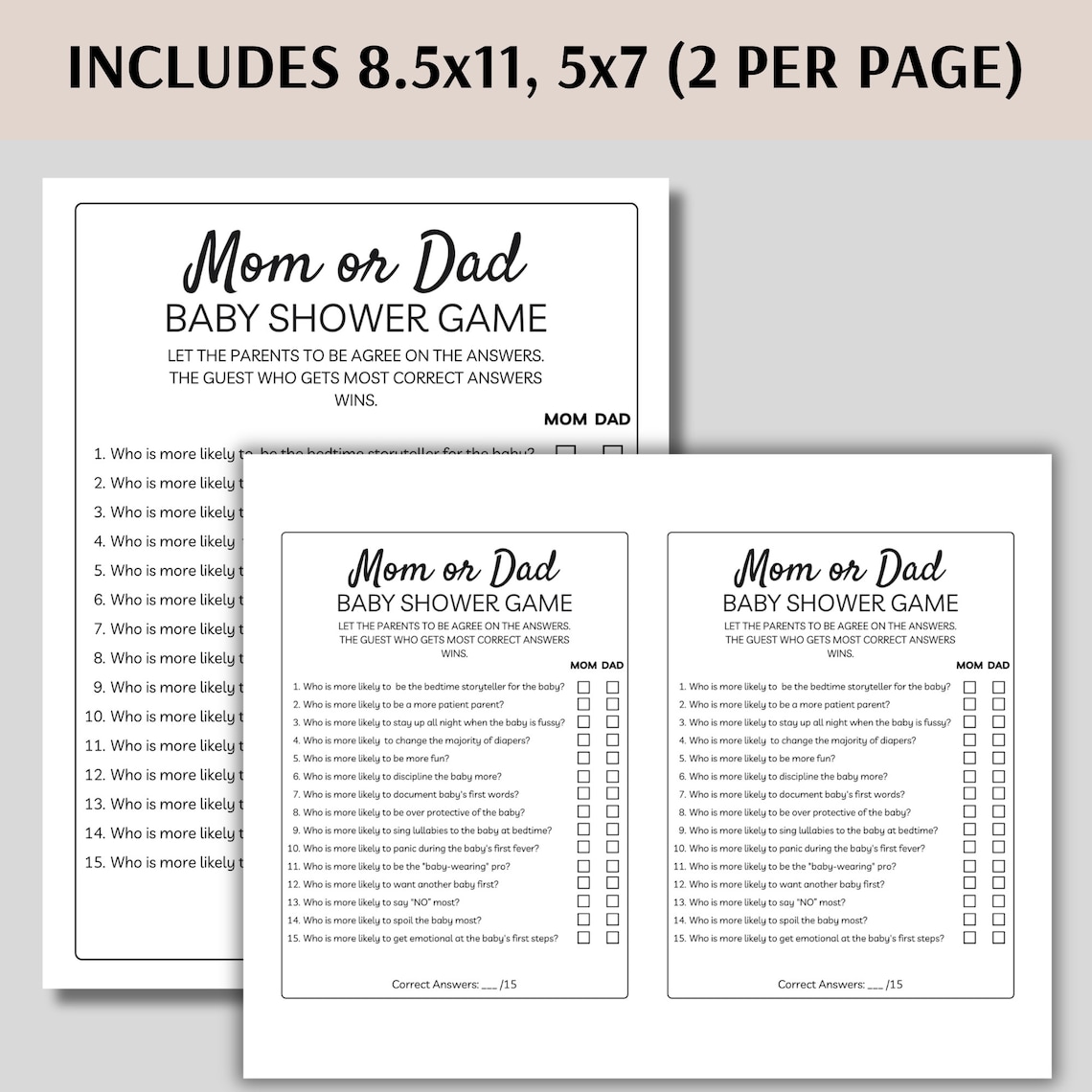 Mom or Dad Baby Shower Game, Printable Baby Shower Mom or Dad Game ...