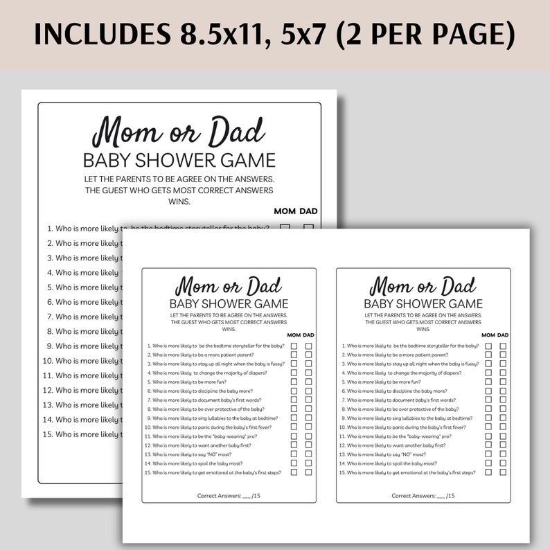 Mom or Dad Baby Shower Game, Printable Baby Shower Mom or Dad Game ...
