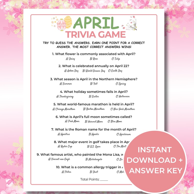 April Trivia Game, Printable April Party Game, Fun Spring Activities ...