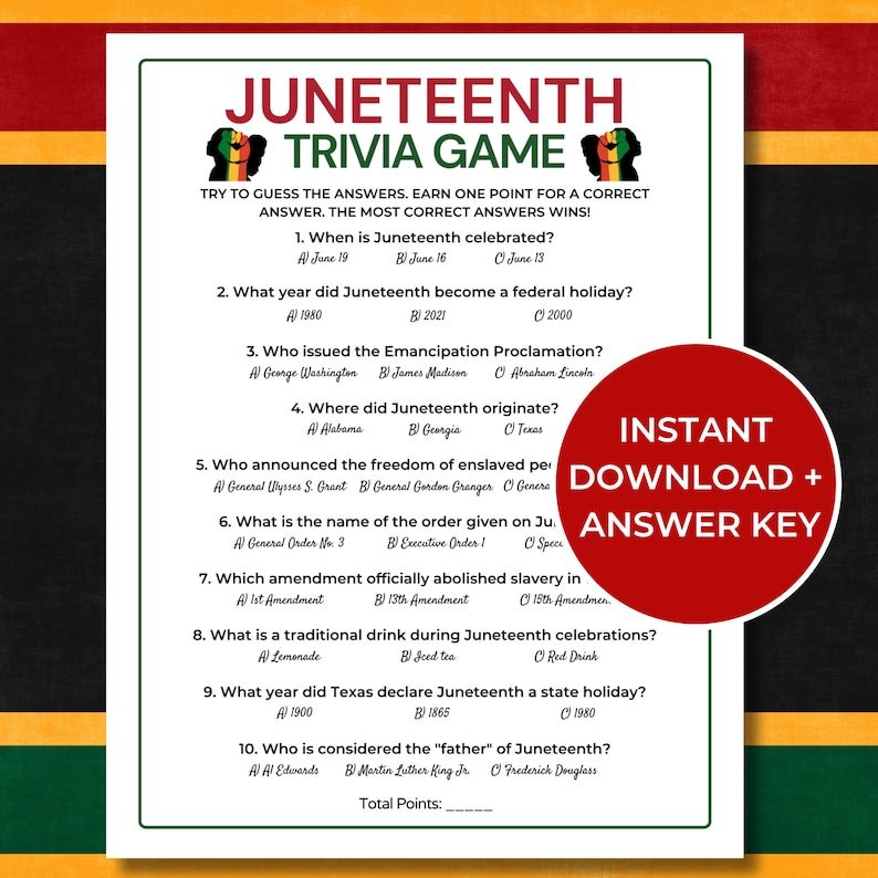 Juneteenth Trivia Game, Printable Freedom Day Trivia Game, Juneteenth ...