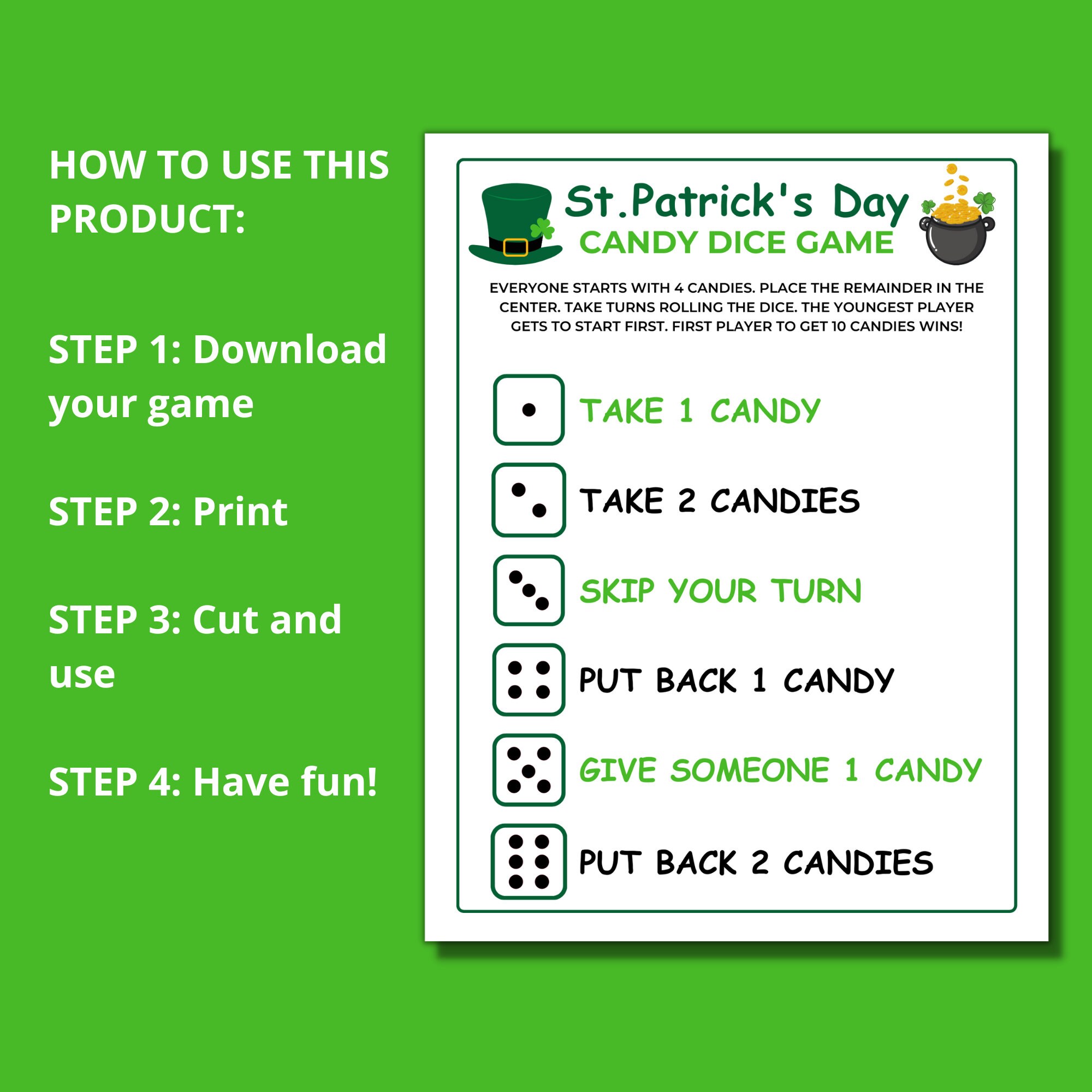 St Patrick's Day Candy Dice Game, Printable St Patty's Day Dice Game ...