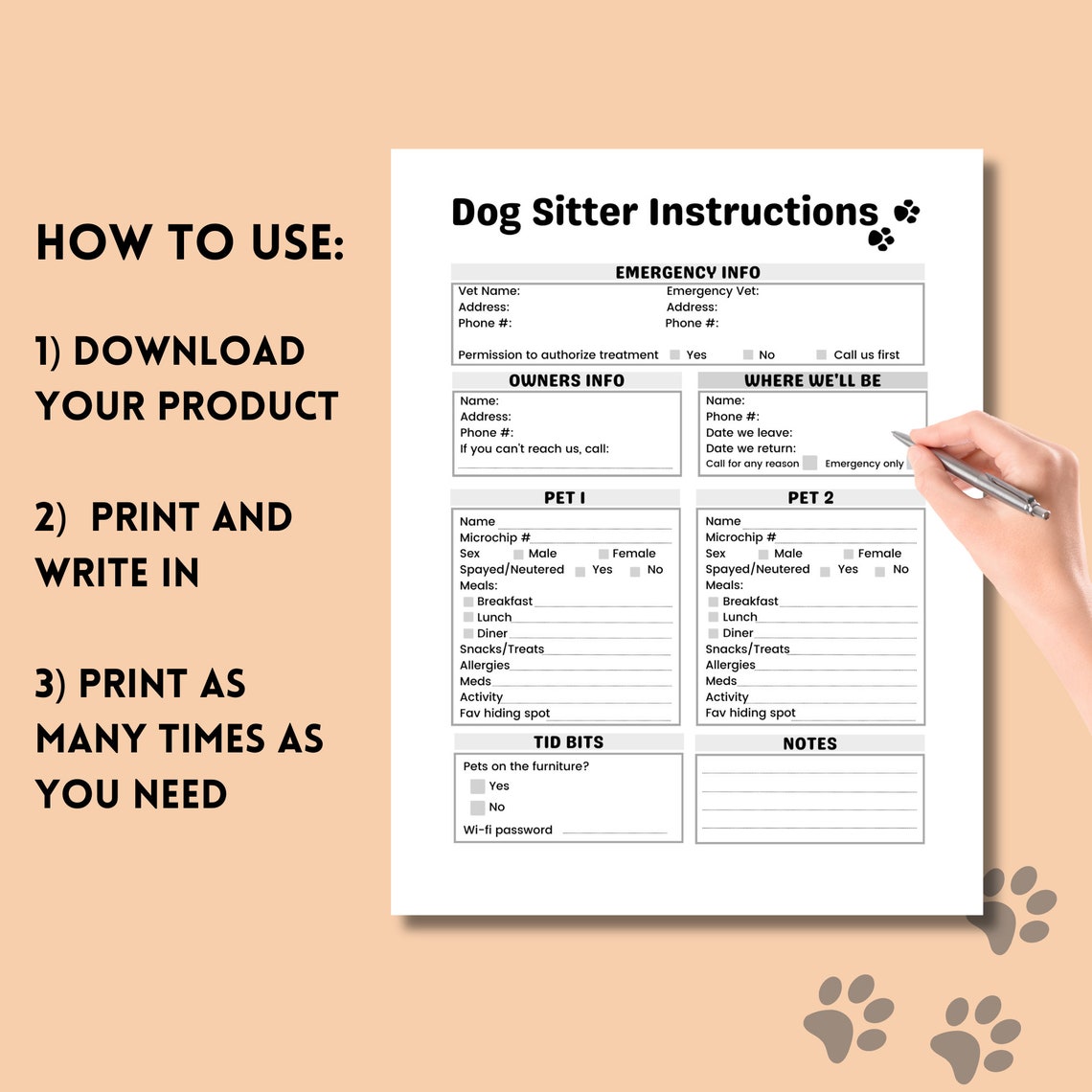Dog Sitter Instructions, Printable Pet Sitter Instructions, Dog Sitter ...