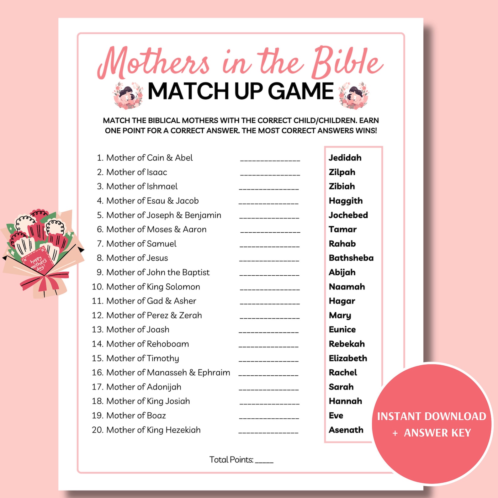 Mothers in the Bible Mother's Day Match up Game, Printable Mother's Day ...