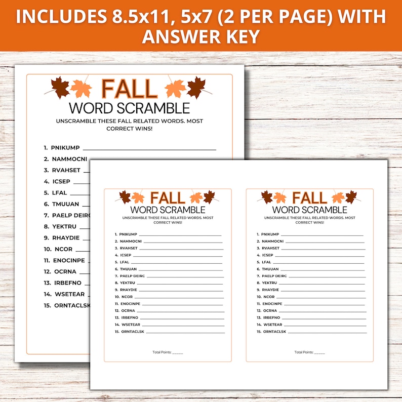 Fall Word Scramble Game, Printable Games for Adults and Kids, Fun Fall ...