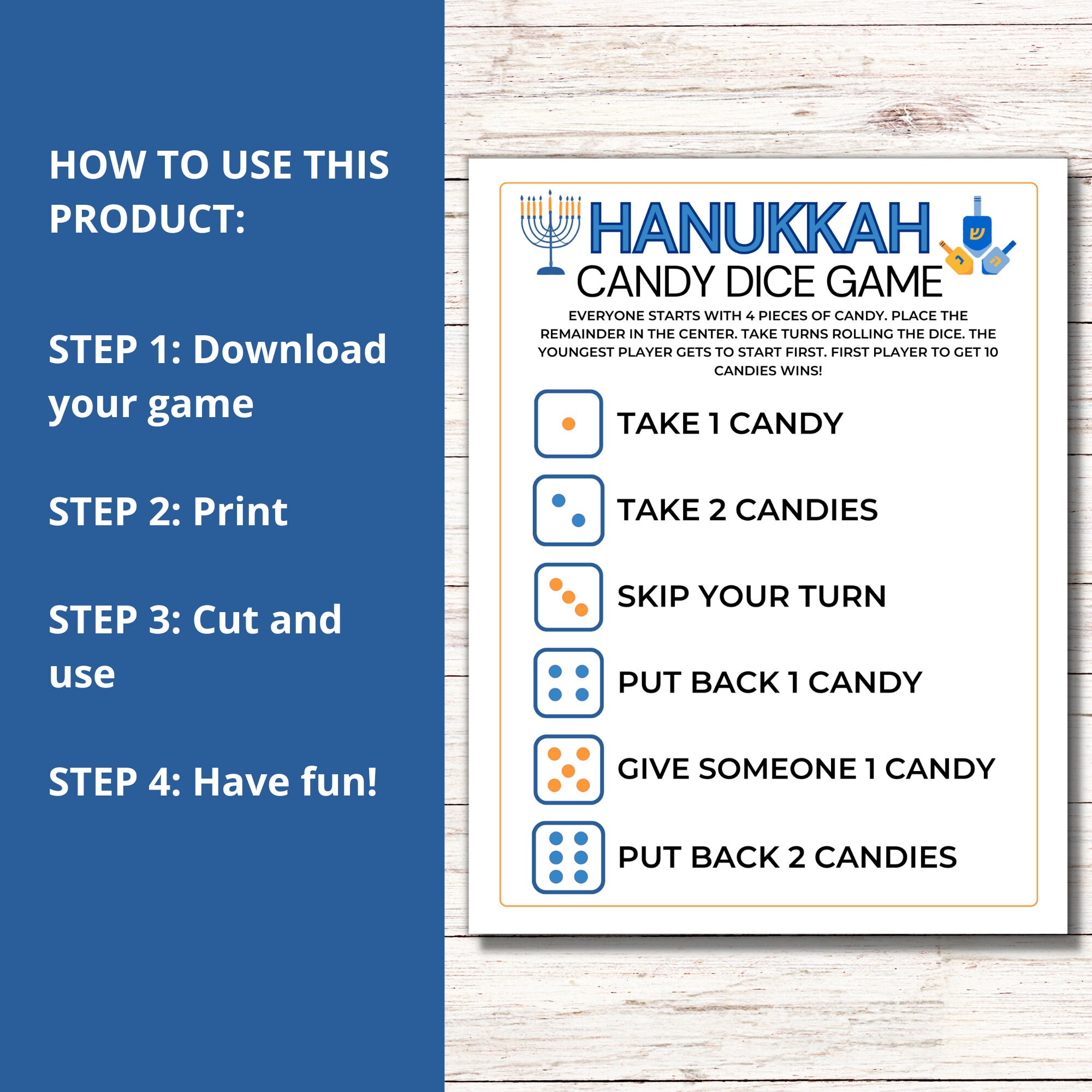 Hanukkah Candy Dice Game, Printable Hanukkah Dice Game, Candy Game for ...