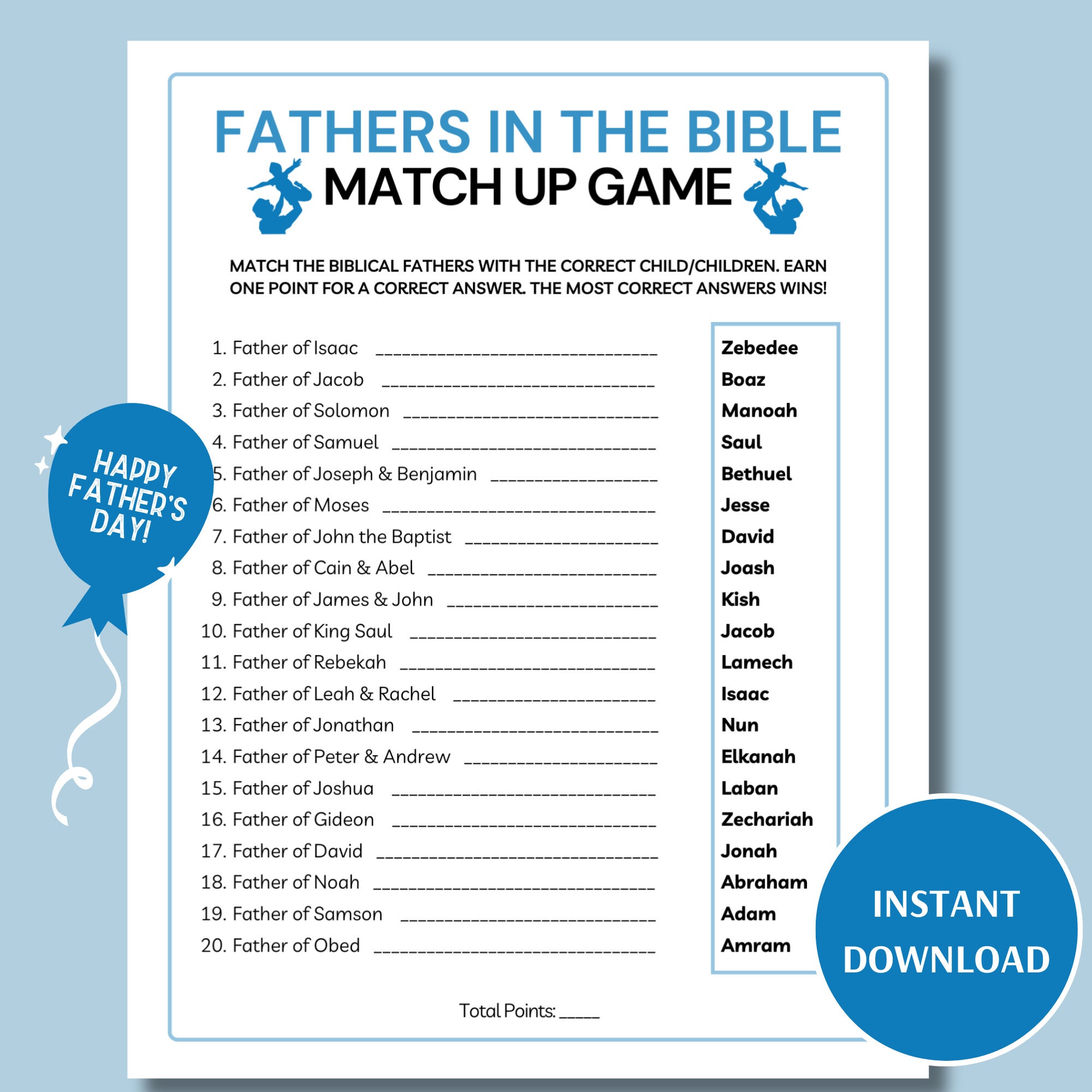 Fathers in the Bible Father's Day Match up Game, Printable Father's Day ...
